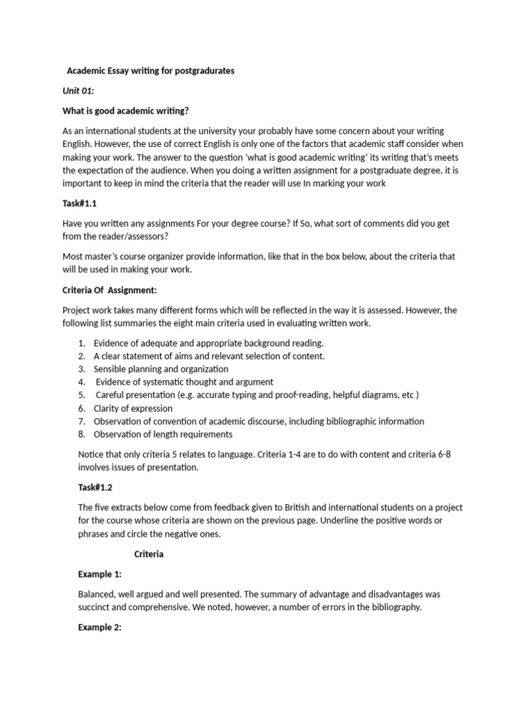 Unit 01:: Academic Essay Writing For Postgradurates | PDF