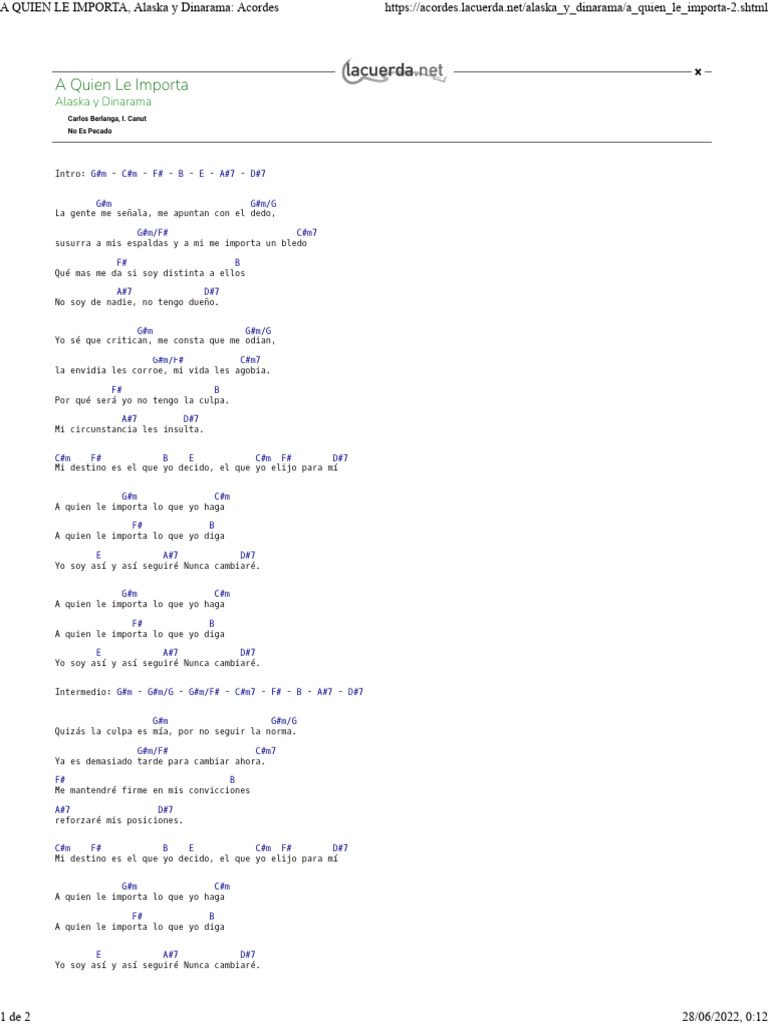 A QUIEN LE IMPORTA, Alaska y Dinarama Acordes | PDF