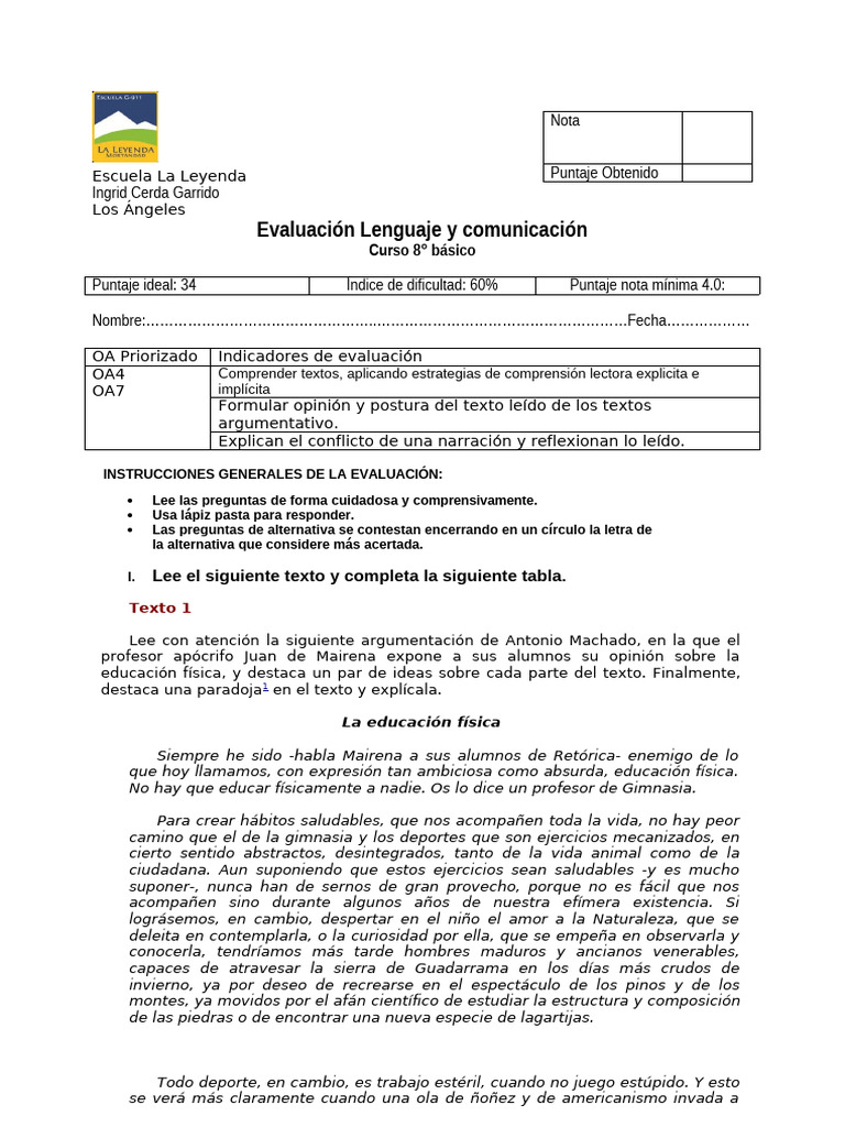 Prueba de Textos Argumentativos 8° Básico 2024 | PDF