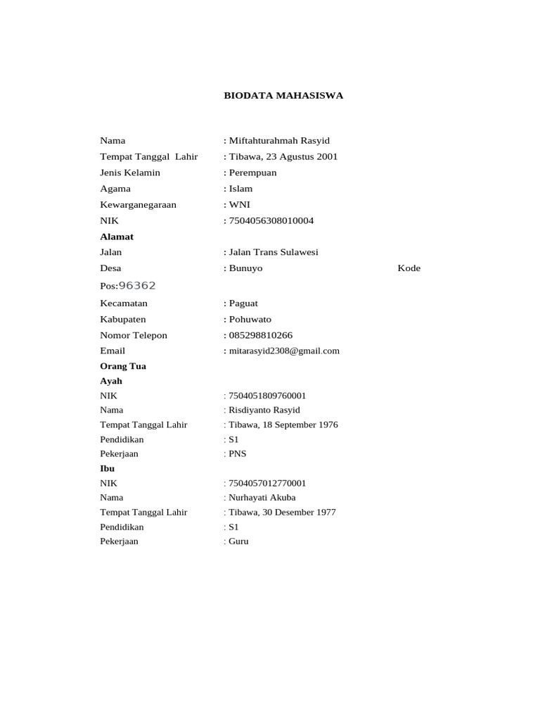 Biodata Mahasiswa | PDF