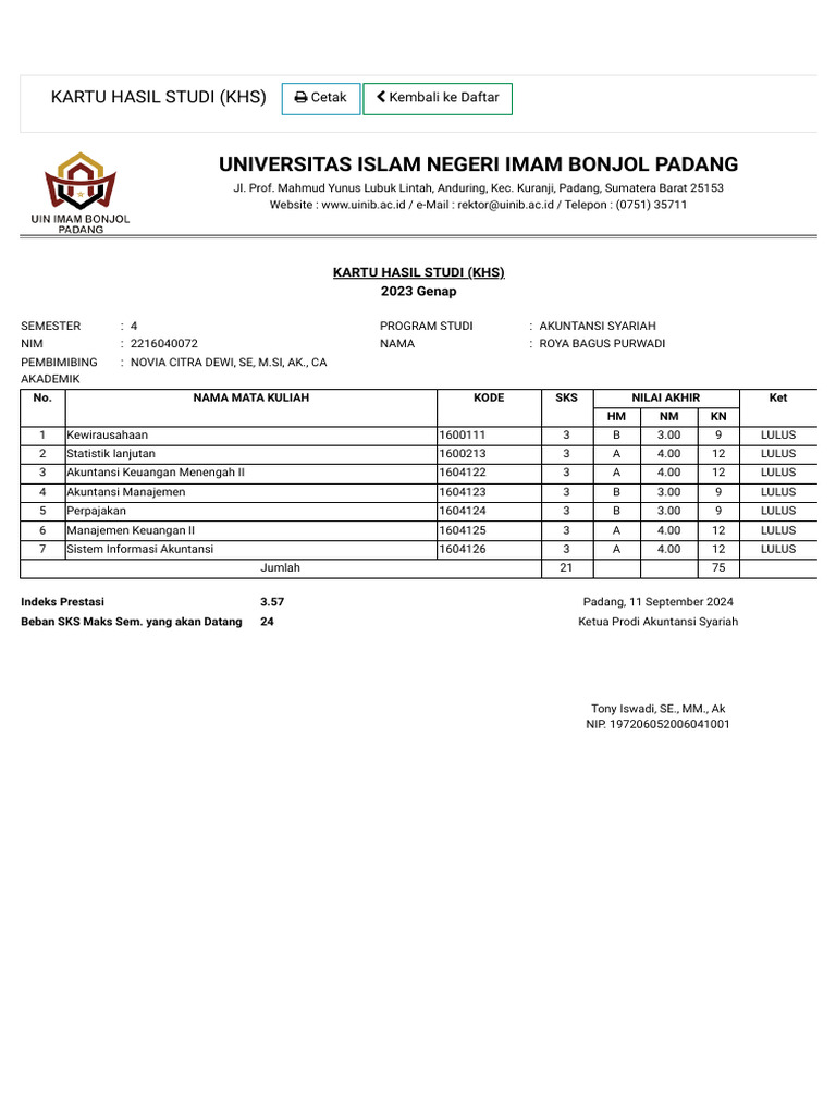Kartu Hasil Studi (KHS) | PDF