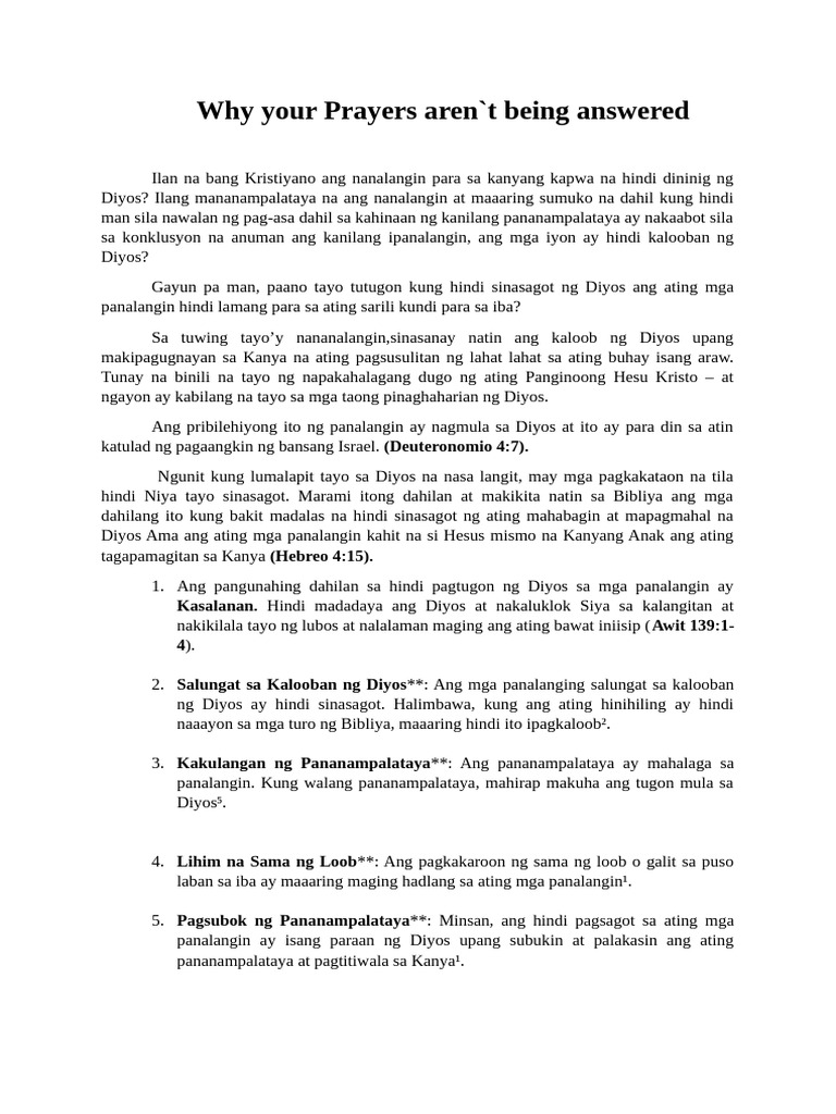 Maraming Dahilan Kung Bakit Maaaring Hindi Sinasagot NG Diyos Ang Ating Mga Panalangin | PDF