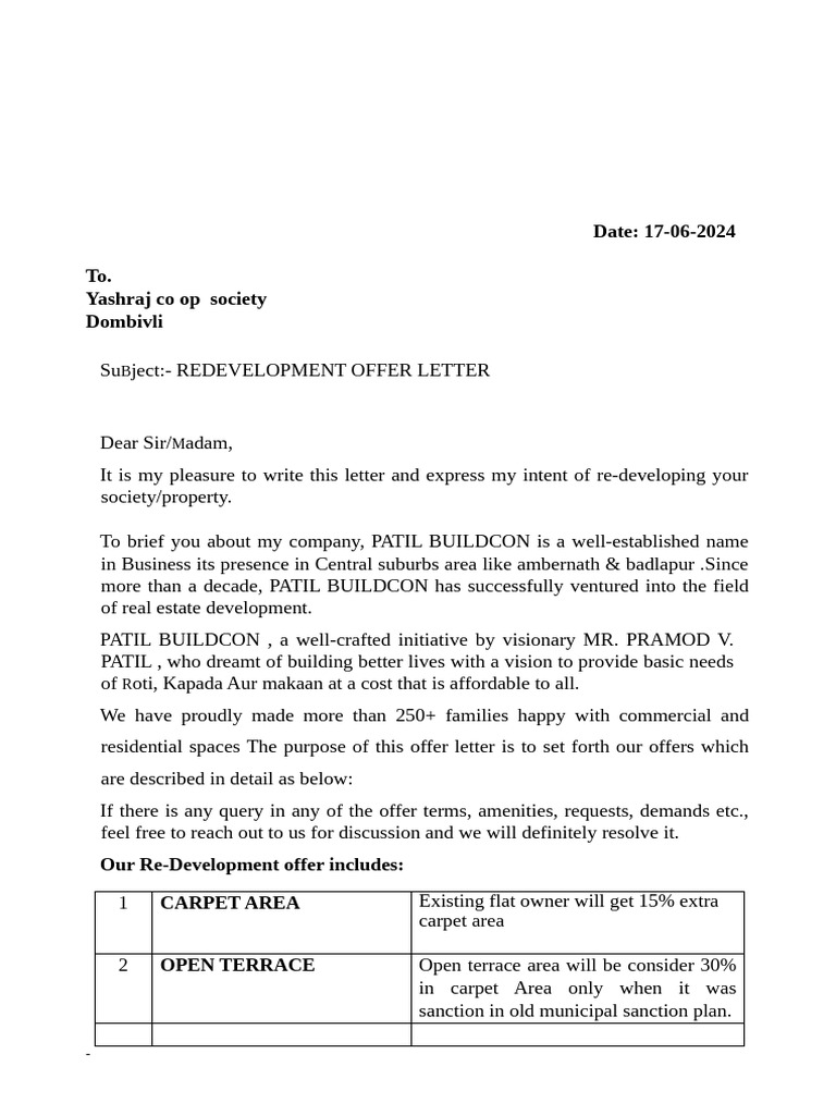 Yash Raj Offer Letter Patil Buildcon | PDF