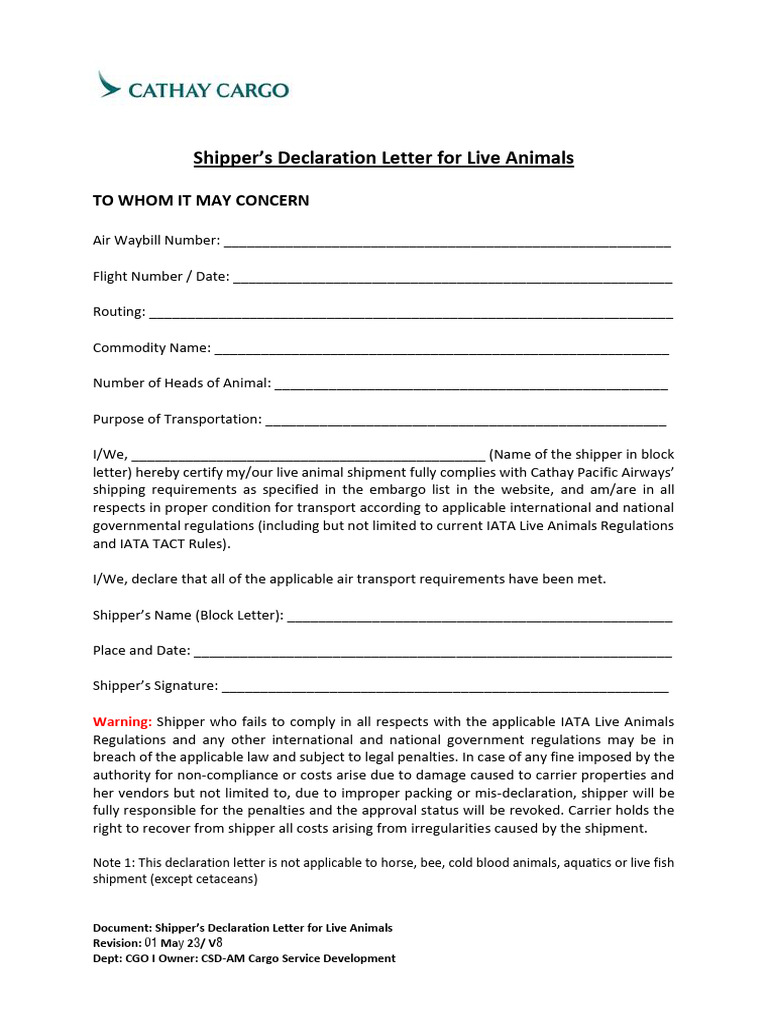 Shippe D: Eclaration Letter For Live Animals | PDF