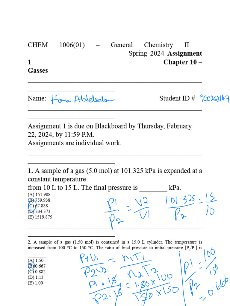 CHEM1006 Chpt10Assignment1 | PDF