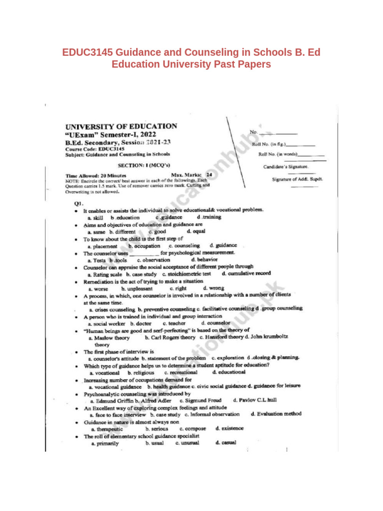 EDUC3145 Guidance and Counseling in Schools B. Ed Education University ...