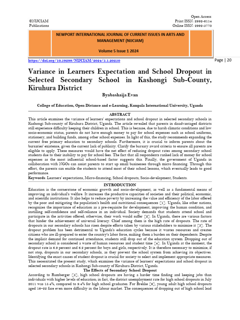 Variance in Learners Expectation and School Dropout in Selected Secondary School in Kashongi Sub ...