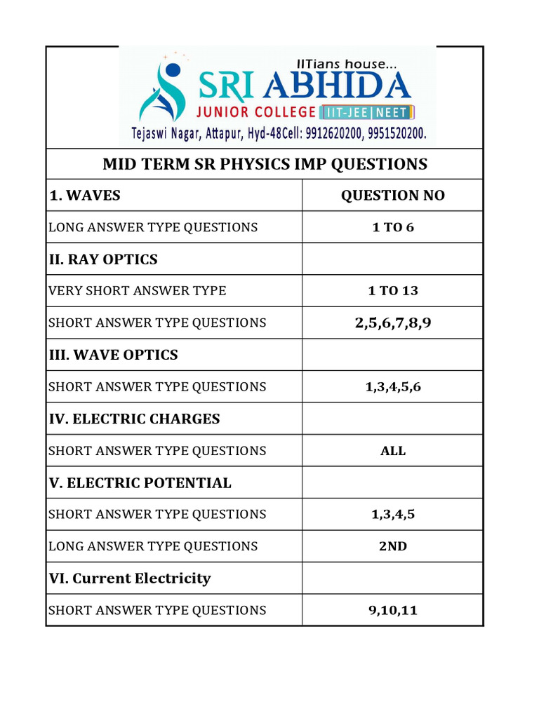 SR Physics Imp Questions | PDF