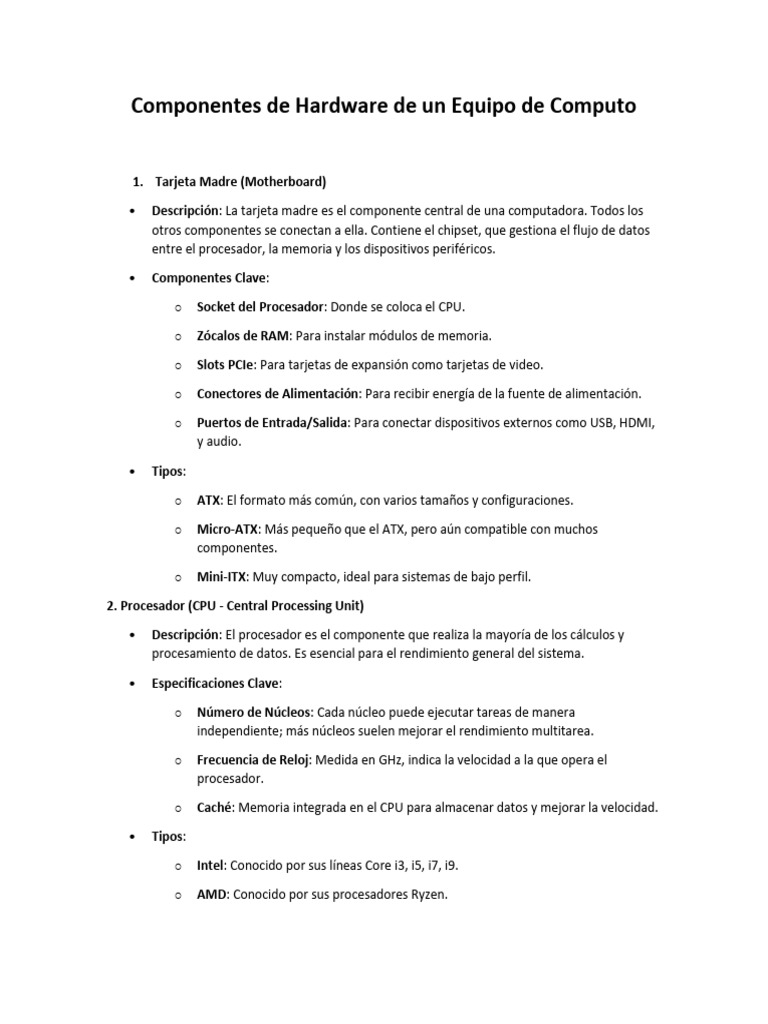 Componentes Esenciales de Hardware de Computadora | PDF ...