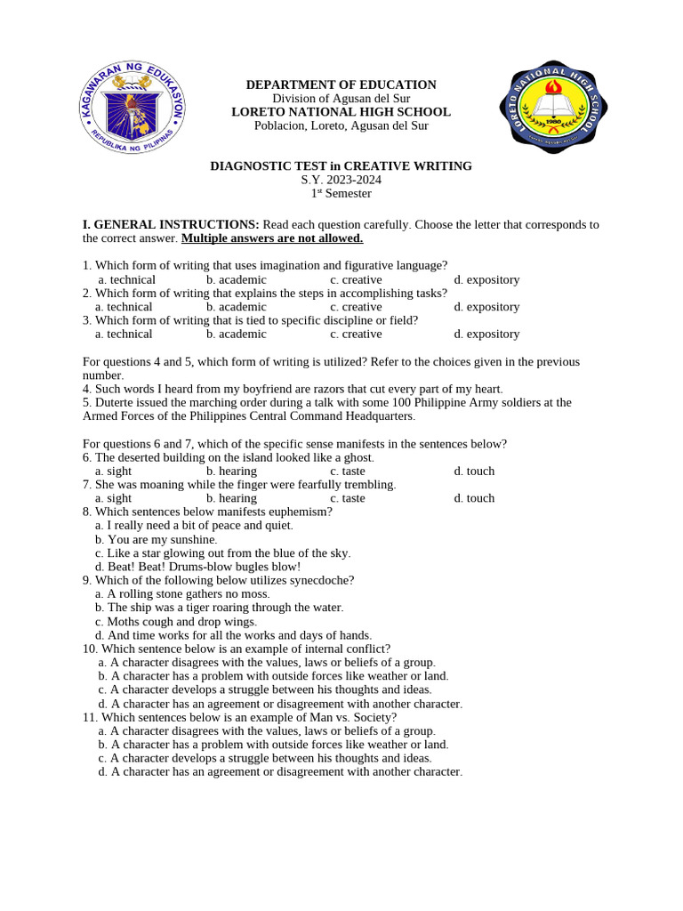 Creative Writing (Diagnostic Test) | PDF | Poetry | General Fiction