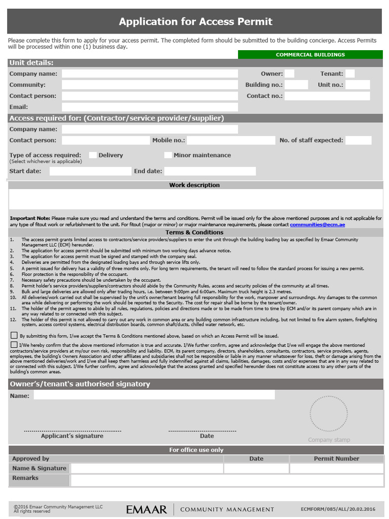 ECMFORM-085 - Application For Access Permit - Commercial Buildings | PDF