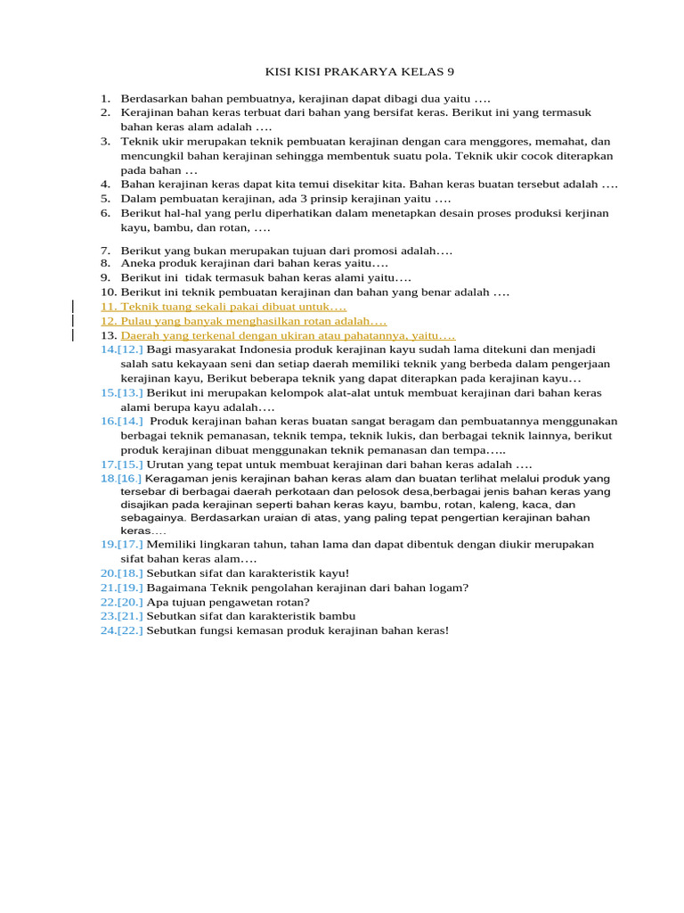 Kisi Kisi STS Prakarya 9 Ganjil Siswa | PDF