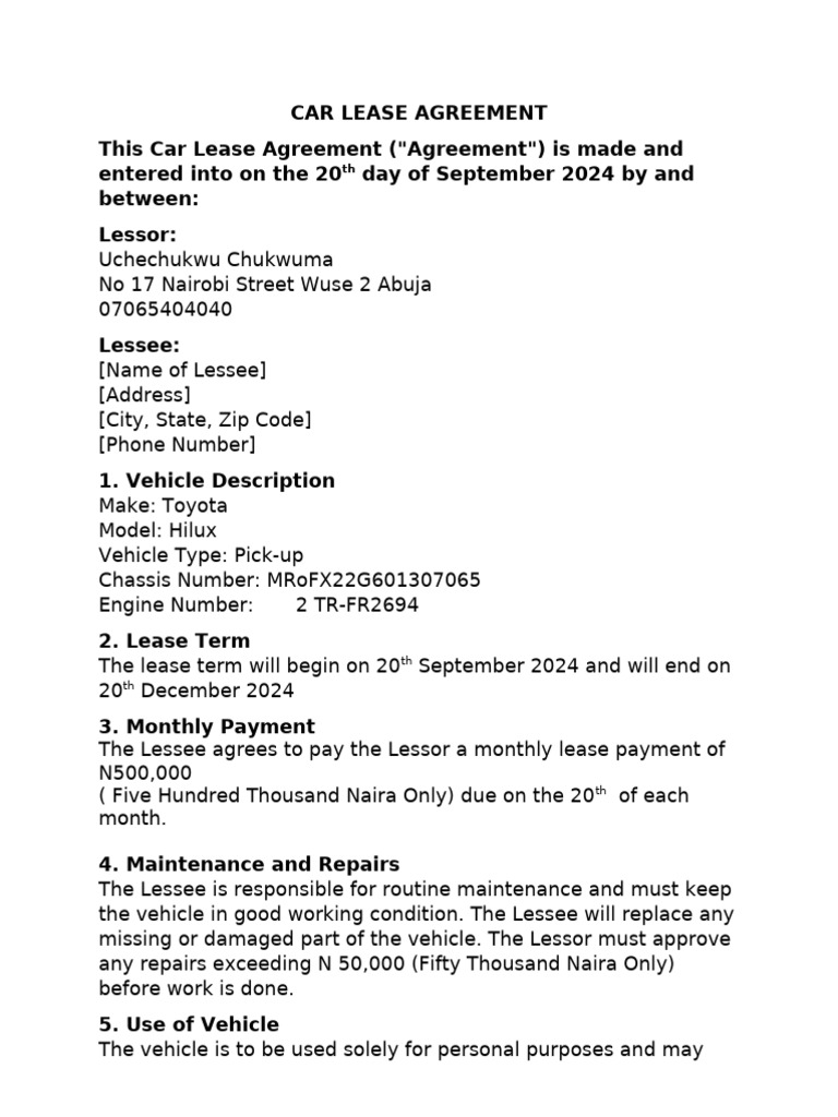 Toyota Car Lease Agreement Template | PDF