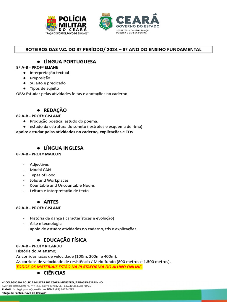 8ºano Roteiro 3 VC - 2024 | PDF