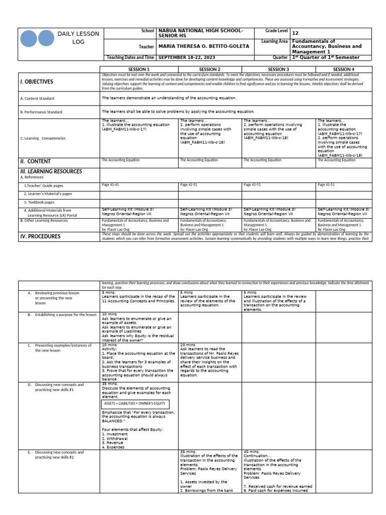 FABM1 DETAILED LESSON PLAN-Week3 | PDF