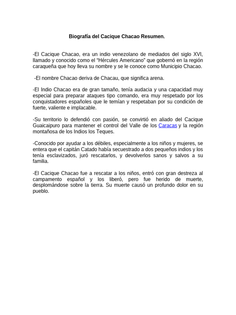 Biografía Del Cacique Chacao Resumen | PDF