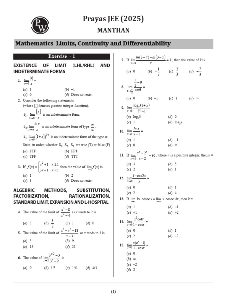 Limit, Continuity and Differentiability Standard Practice Sheet | PDF