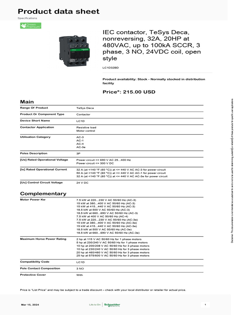 Schneider Electric - TeSys-Deca-Contactors - LC1D32BD | PDF