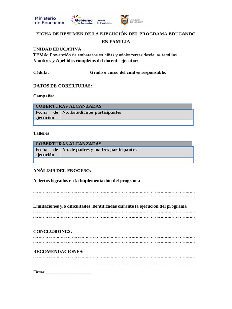 Ficha de Resumen de La Ejecución Del Programa Educando en Familia 1 | PDF | Crecimiento personal ...