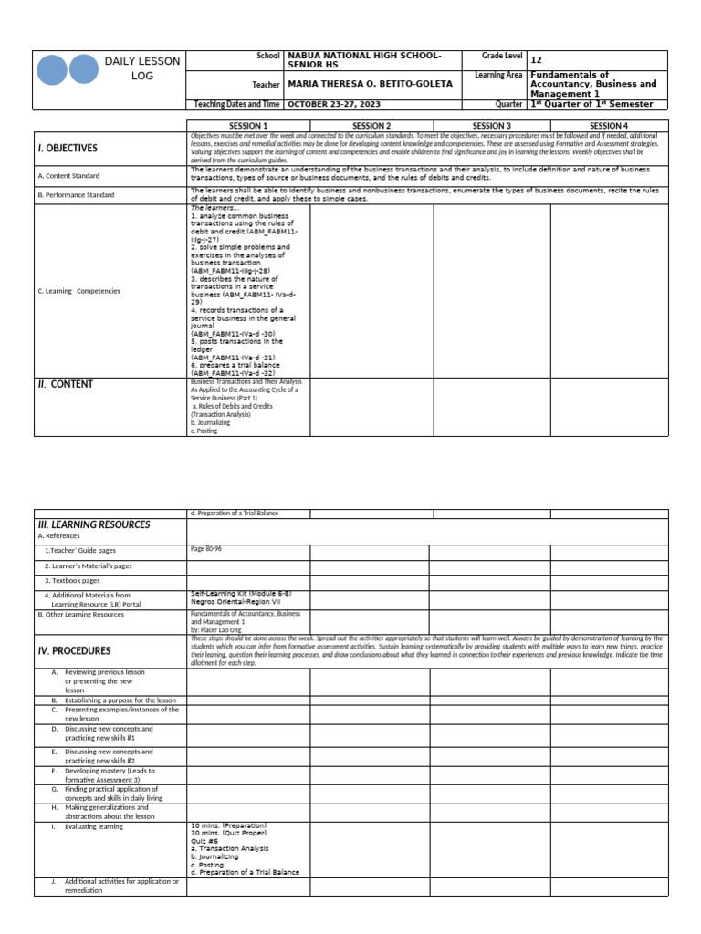 FABM1 DETAILED LESSON PLAN-Week8 | PDF