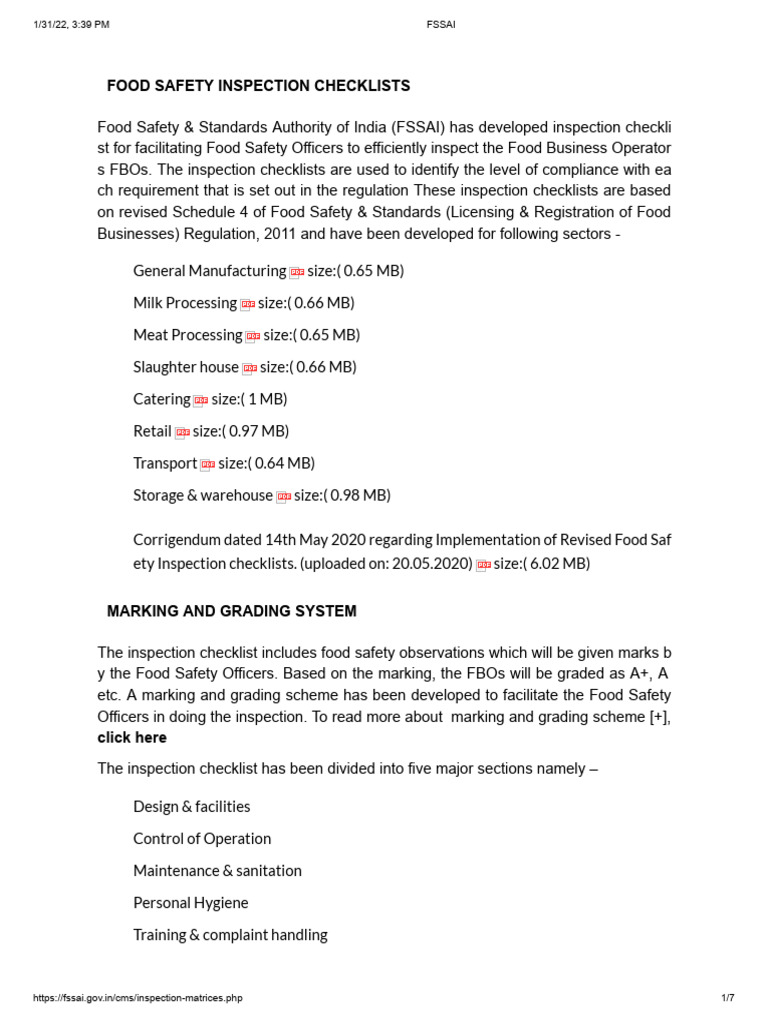 FSSAI Food Inspection Grading System | PDF