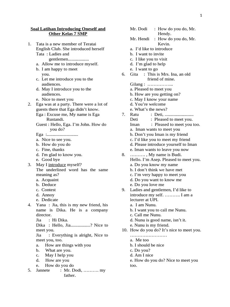 Soal Introducing Oneself and Other Kelas 7 SMP | PDF