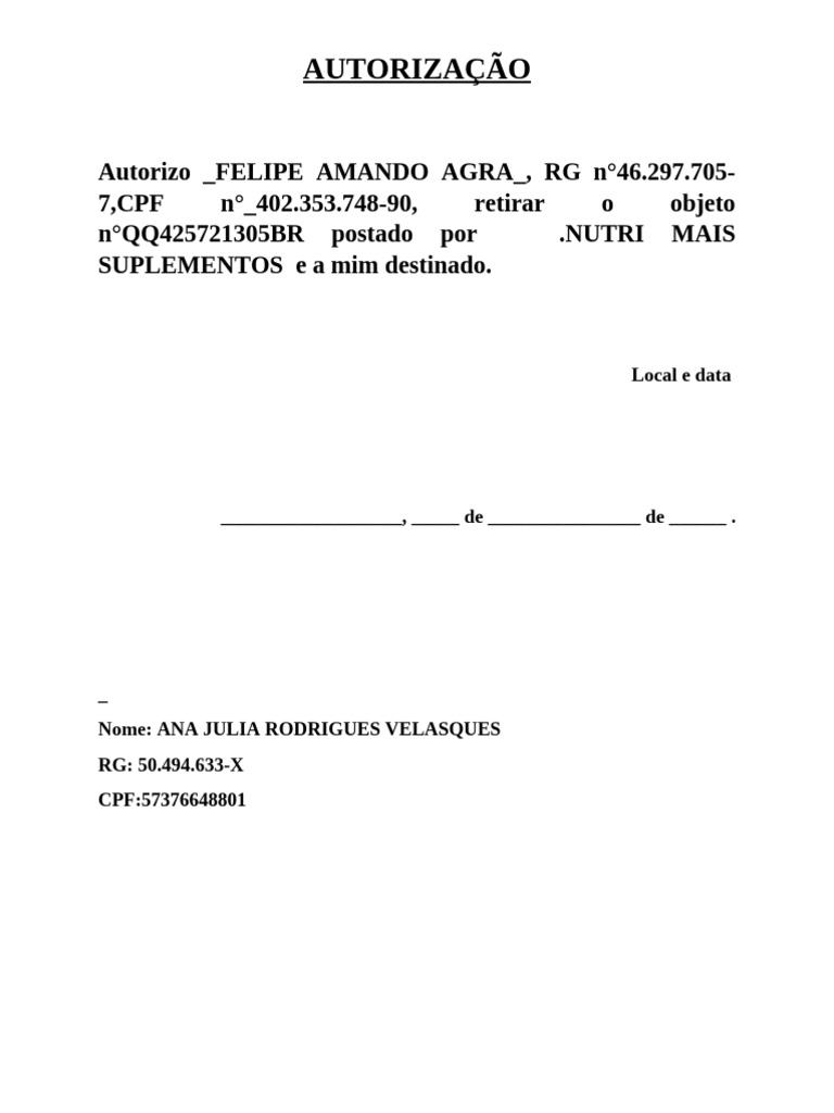 Autorização Retirada de Encomenda Por Terceiros | PDF Autorização Retirada de Encomenda Por Terceiros | PDF