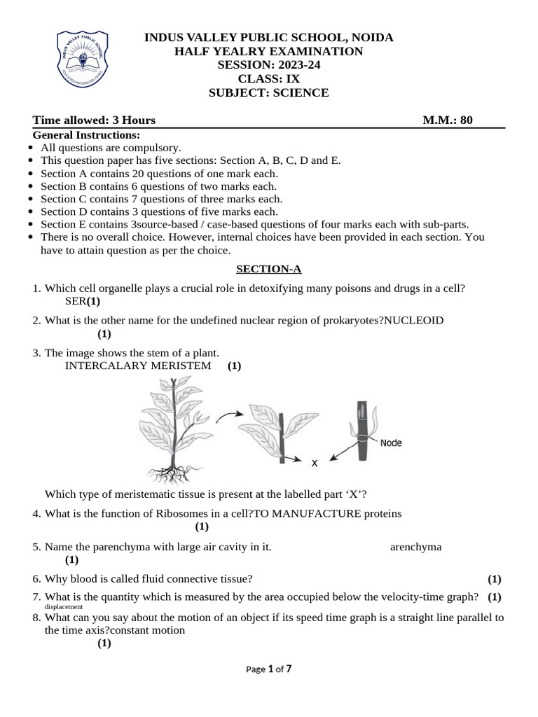 SCIENCE Class 9 Half Yearly 2023-24 | PDF