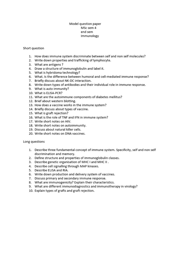 Immunology Model Question Paper MSc 5 | PDF