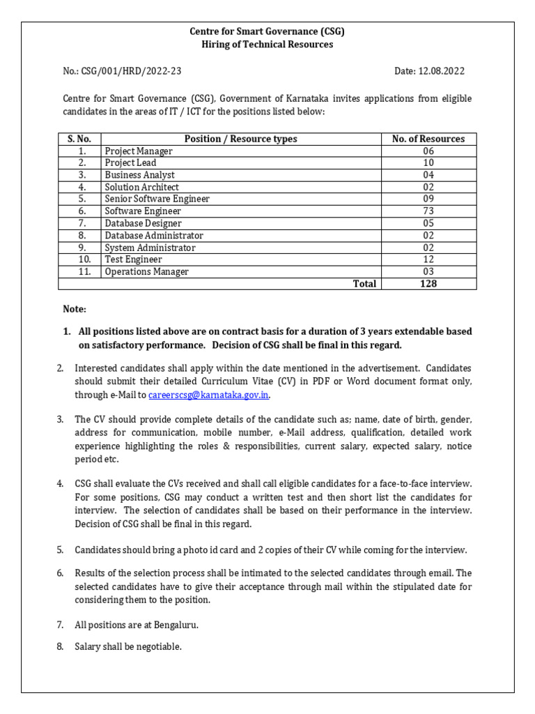 Detailed Notification CSG Karnataka Various Vacancy | PDF