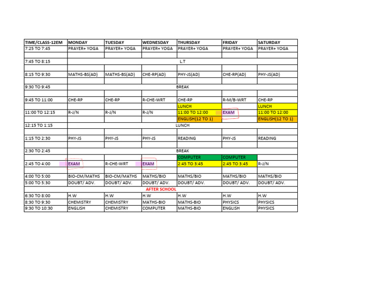 12 em Time Table-2024-25 | PDF