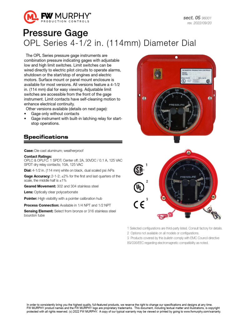 OPL Series 4-1 2 in (114mm) Diameter Dia | PDF | Switch | Pressure ...