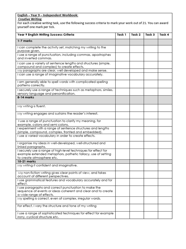 English - Year - 9-Creative Writing & Reading Comprehension | PDF