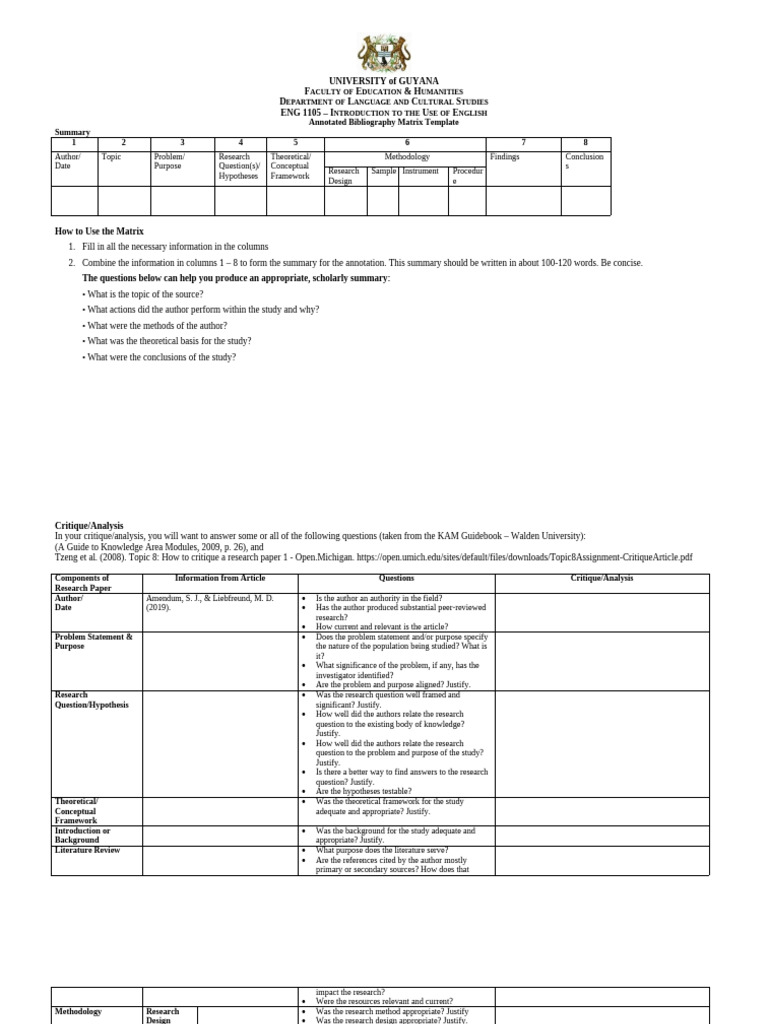 ENG 1105 Annotated Bibliography Matrix Template | PDF