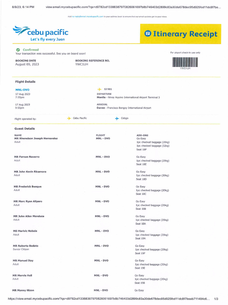 Ticket - MNL To Davao Aug17 - 1 | PDF