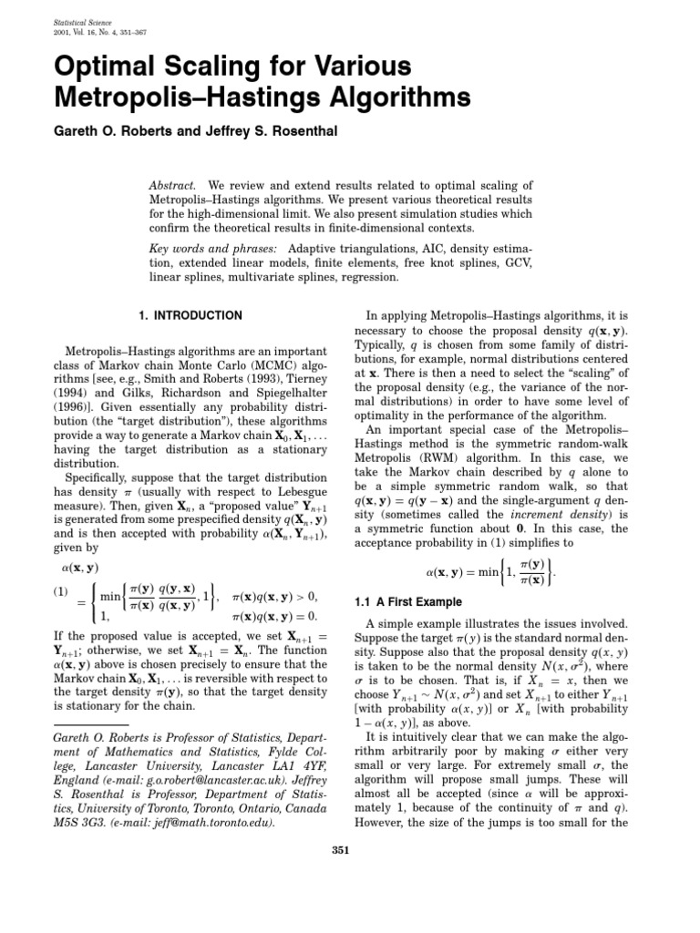 Optimal Scaling For Various Metropolis-Hastings Algorithms | PDF