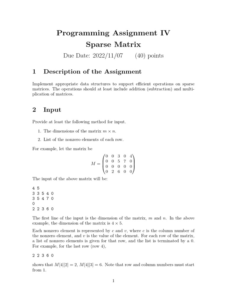 Programming Assignment IV Sparse Matrix: 1 Description of The Assignment | PDF