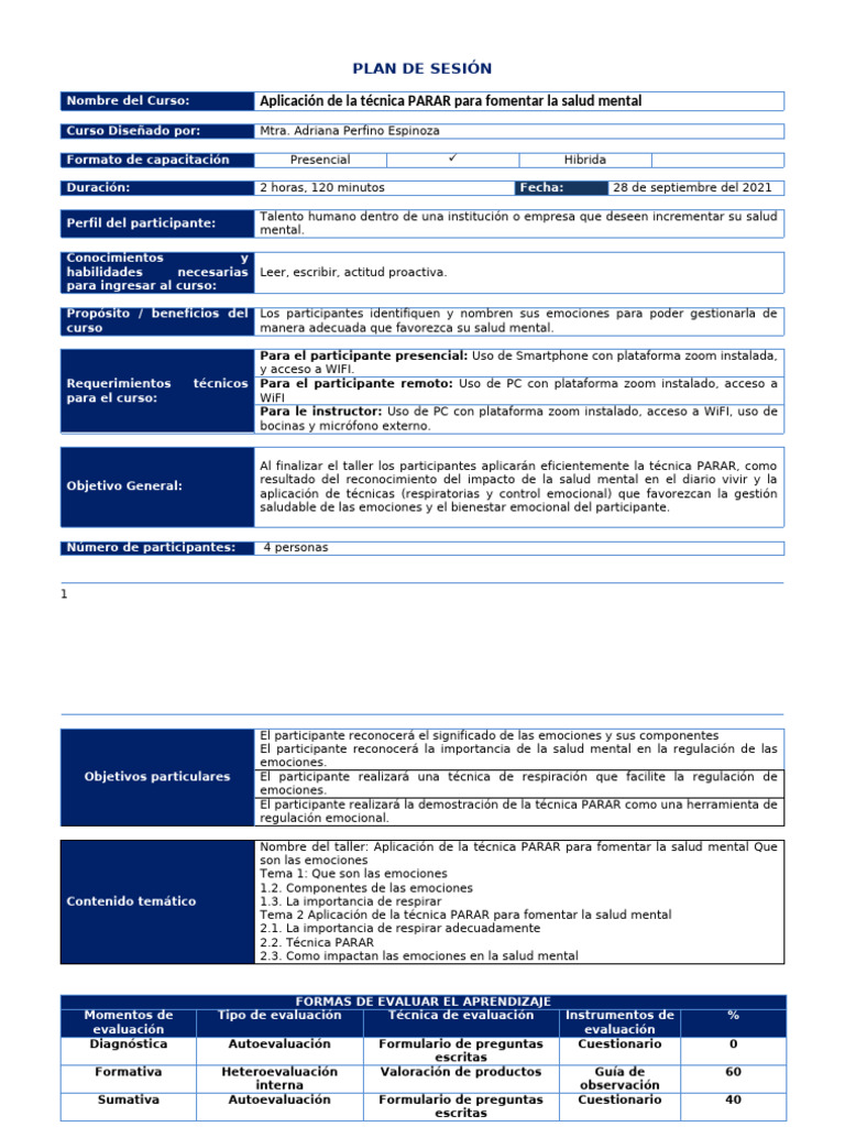 Plan de Sesión Mis Emociones en La Salud Mental Ajuste de 2 Horas Final ...