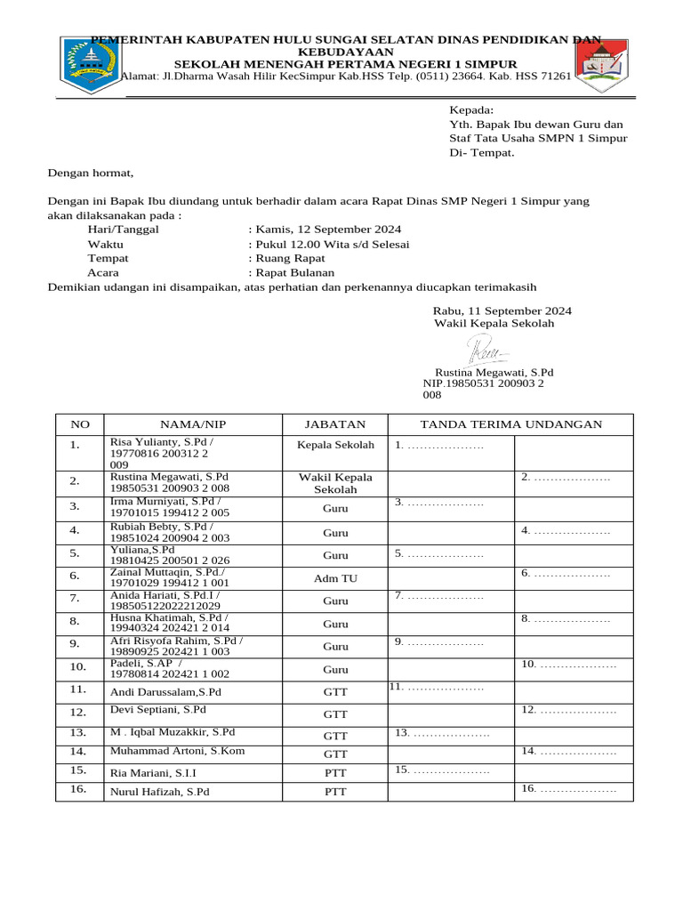 Undangan Rapat Dinas Bulanan September 2024 | PDF