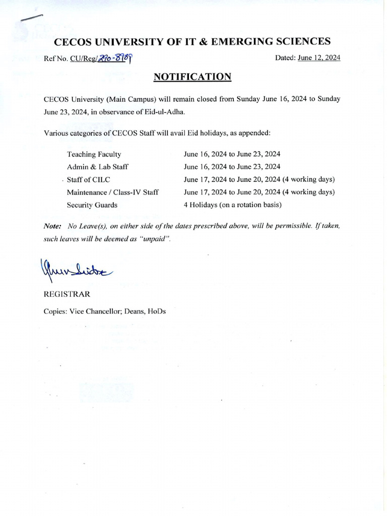 Notification of Eid Ul Adha 2024 | PDF
