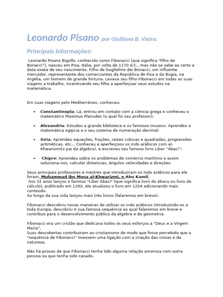 Biografia Leonardo Fibonacci 1 | PDF Biografia Leonardo Fibonacci 1 | PDF