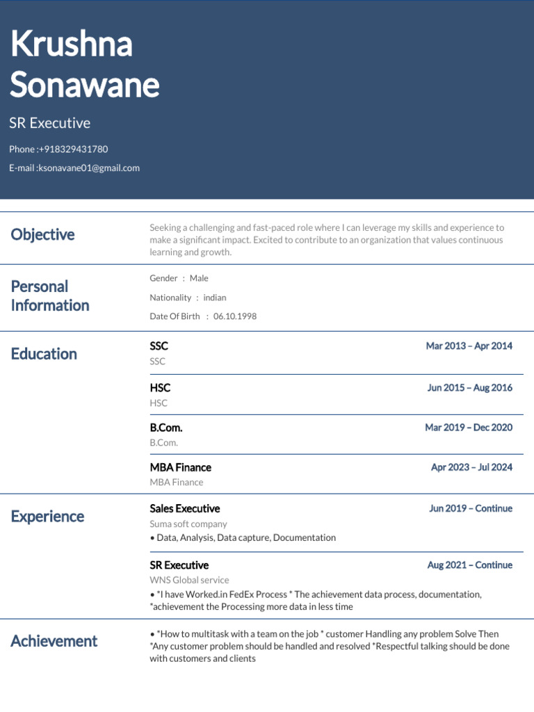 Krushna Sonawane: SR Executive | PDF