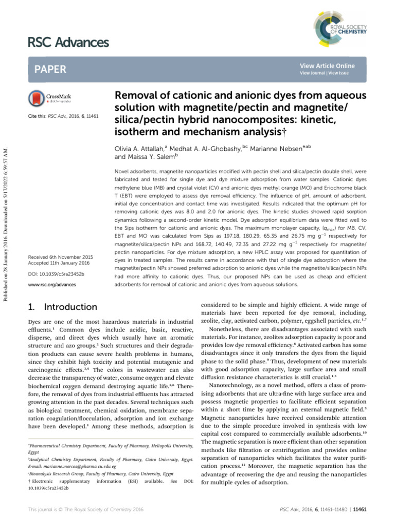 Removal of Cationic and Anionic Dyes Fro | PDF