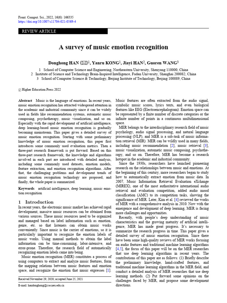 A Survey of Music Emotion Recognition | PDF