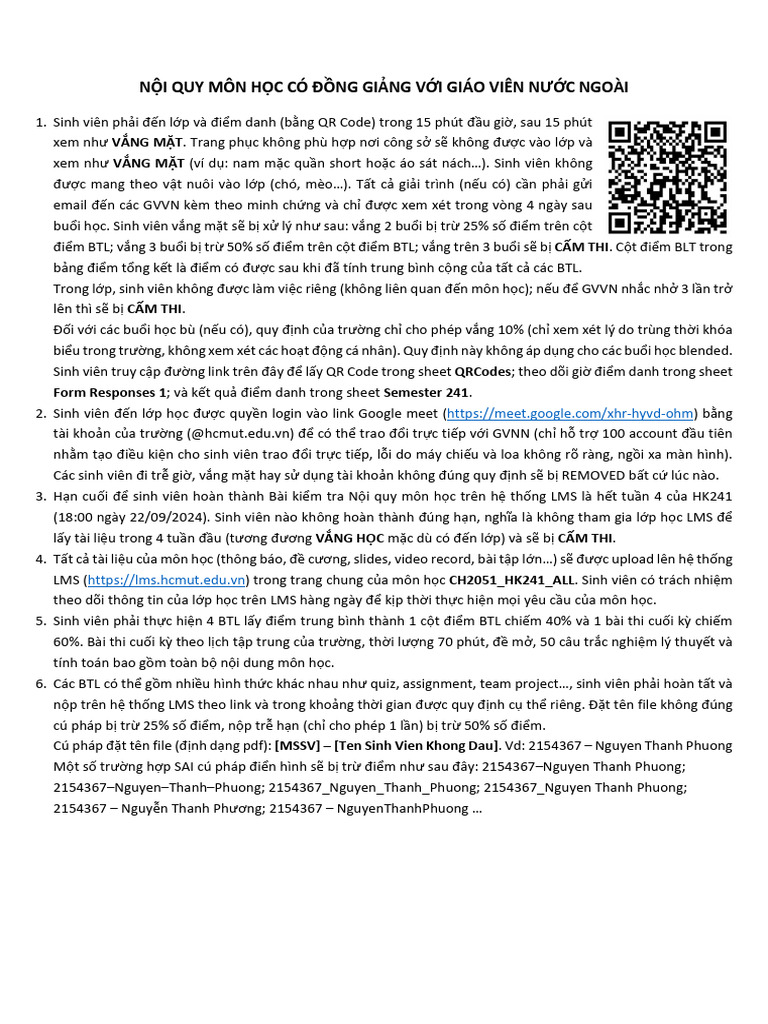 Noi Quy Mon Hoc CH2051 Dong Giang Voi GVNN | PDF