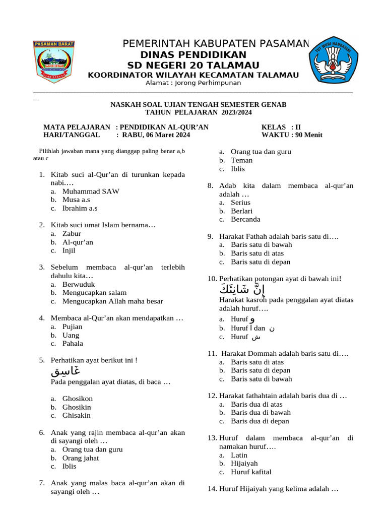 Soal Mid PQ Semester Genap Kelas II | PDF
