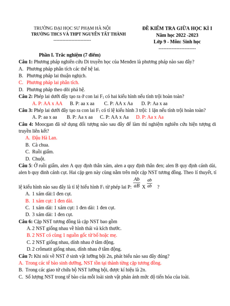 9. Đề mẫu GK1 Sinh 9 | PDF