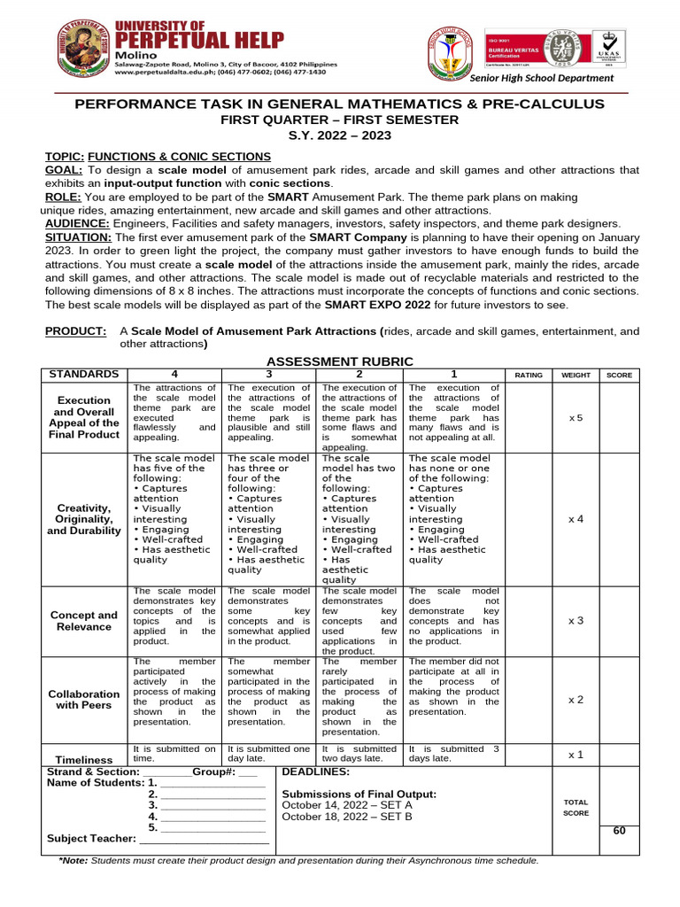 1st QTR Performance Task Rubric For Gen Math and Pre Cal 1 | PDF