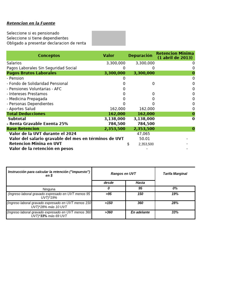 Formato Calculo Retencion en La Fuente 2024 | PDF