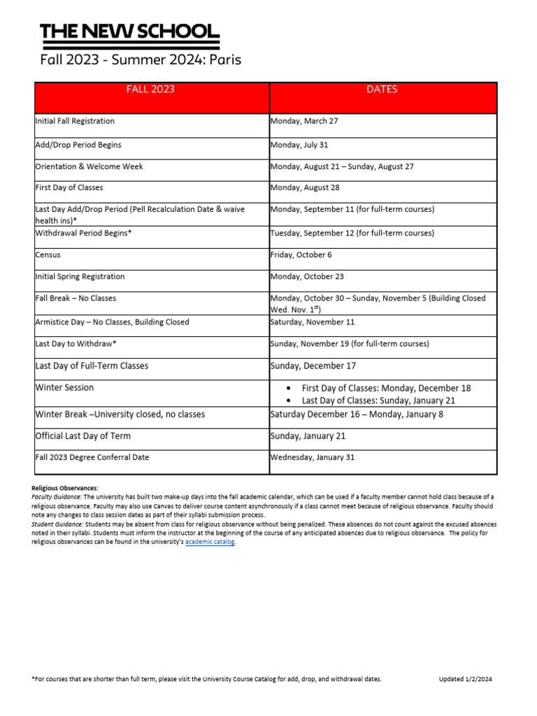 23 24 Academic Calendar Paris | PDF
